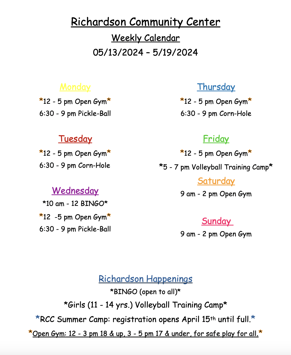 Events Calendar | Richardson Community Center